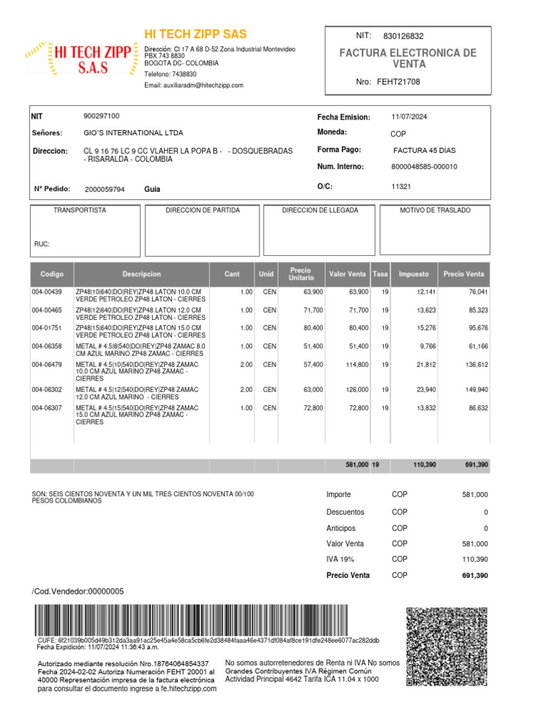 Factura Electrónica Hi Tech Zipp SAS | PDF | Impuestos | Finanzas del ...