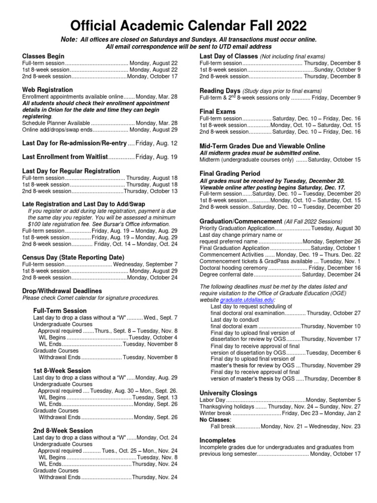 Academic Calendar Fall 2022 | PDF | Fee | Academic Term