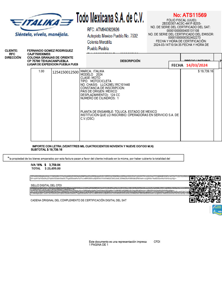 Factura de Motocicleta Italika FT125 2024 | PDF | Motociclismo