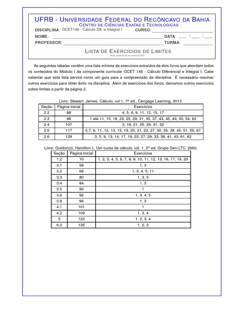 Lista de Exercícios sobre Limites | PDF | Limite (Matemática) | Função ...