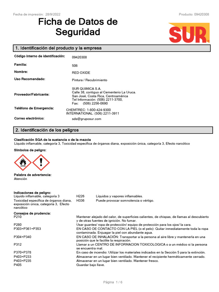 Ficha de Seguridad: RED OXIDE ESCO | PDF | Agua | Incendios