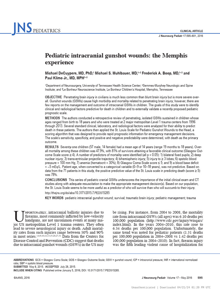 J Neurosurg Pediatr Article p595 | PDF | Sensitivity And Specificity | Traumatic Brain Injury