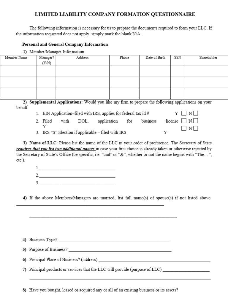 LLC - Questionaire | PDF | Limited Liability Company | United States Law
