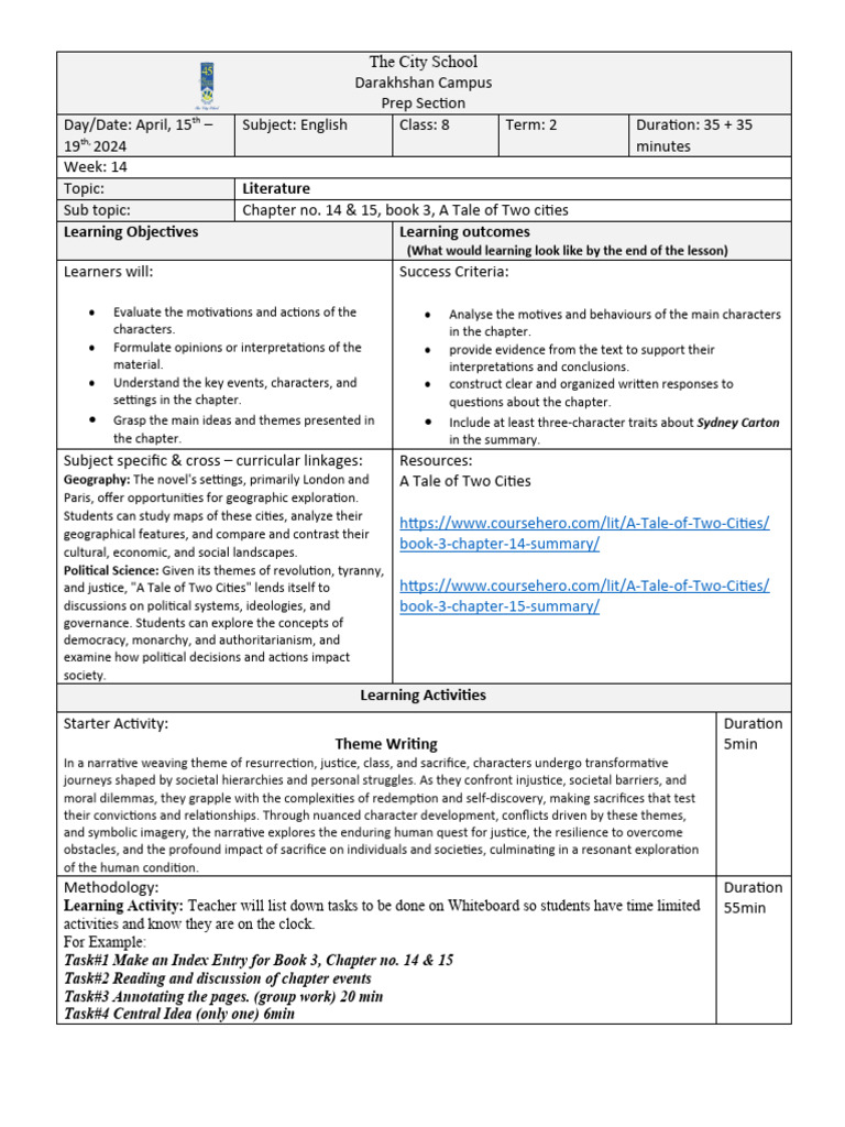 English Lesson: A Tale of Two Cities Analysis | PDF | Reading ...