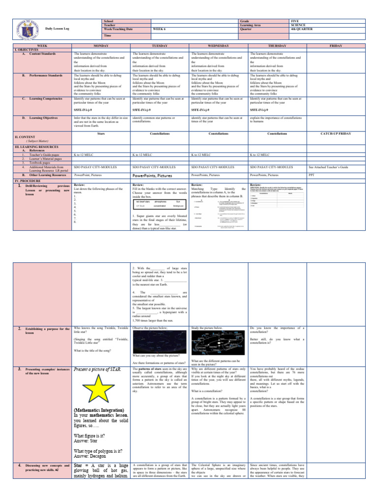 DLL Week 6-q4 Science 5 | PDF | Stars | Constellation