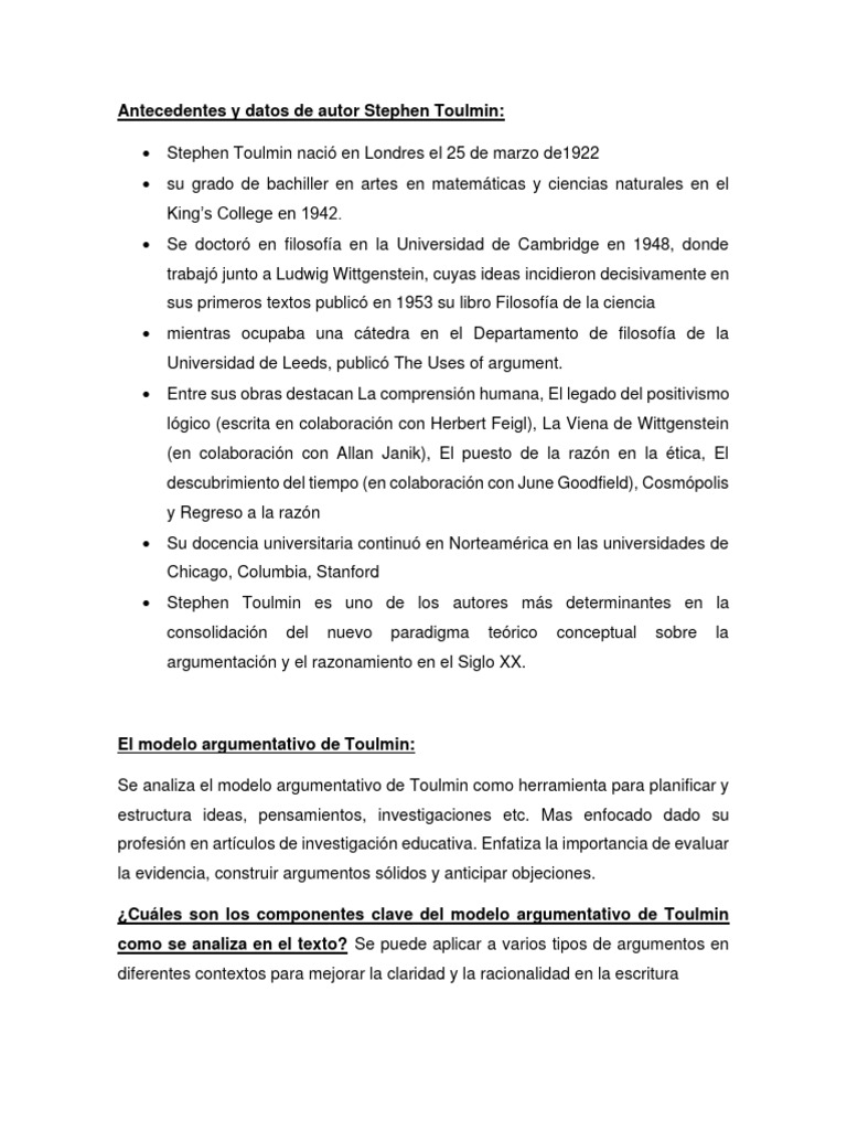 El modelo argumentativo de Stephen Toulmin | PDF | Evidencia ...