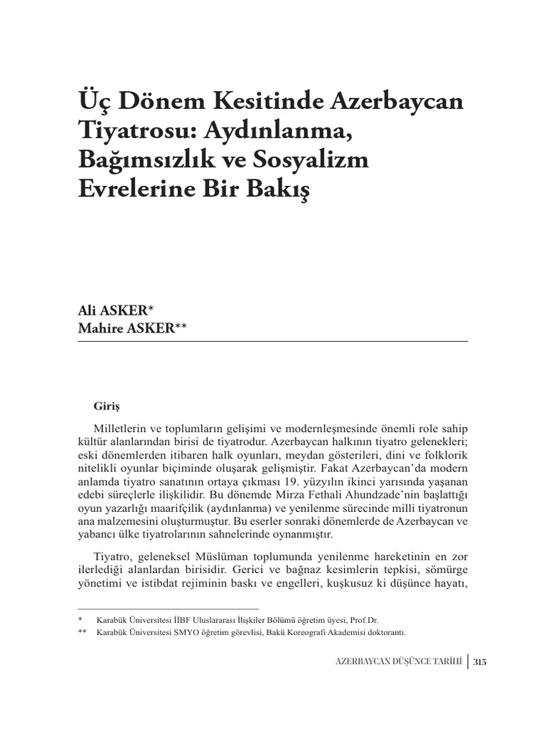 Ali Asker Mahire Asker Üç Dönem Kesitinde Azerbaycan Tiyatrosu | PDF