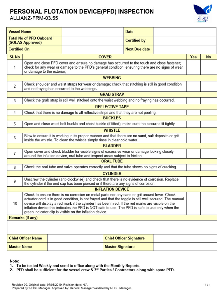 Allianz-Frm-03.55 PFD Weekly Checklist | PDF | Equipment | Manufactured ...
