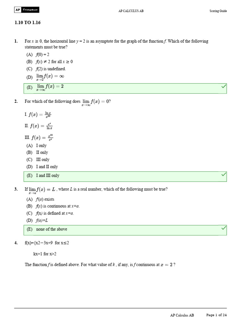 Answer Key 1.10 To 1.16 | PDF | Function (Mathematics) | Asymptote