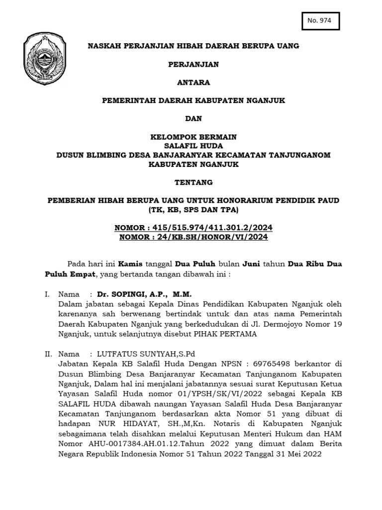 NPHD Honorarium Paud 2024 | PDF | Pengelolaan Keuangan & Uang