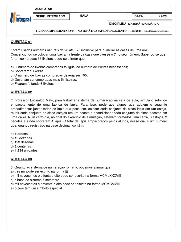 FICHA COMPLEMENTAR 004 - MATEMÁTICA (APROFUNDAMENTO) - 10052024 - (Questoes Concursos-Tempo ...