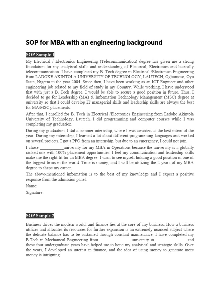 SOP For MBA With An Engineering Background | PDF | Marketing | Master ...