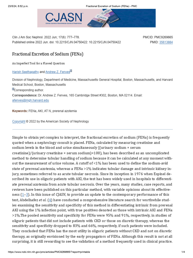 Fractional Excretion of Sodium (FENa) - PMC | PDF | Kidney | Clinical ...