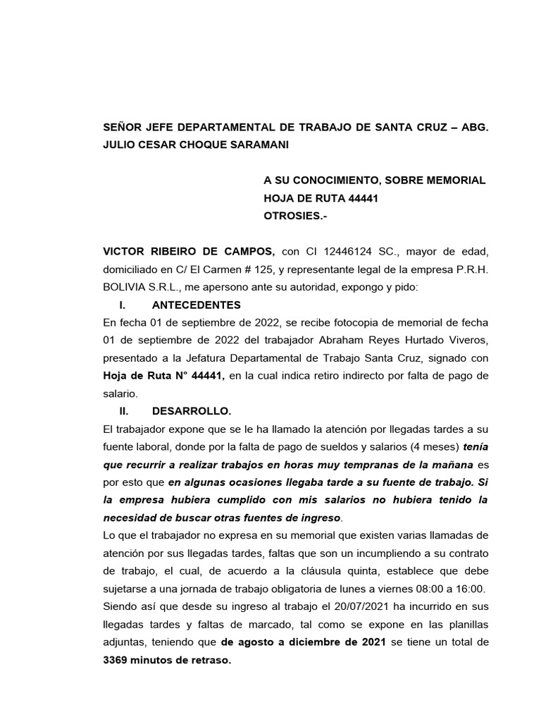 Memorial de PRH Bolivia Llegadas Tardes | PDF