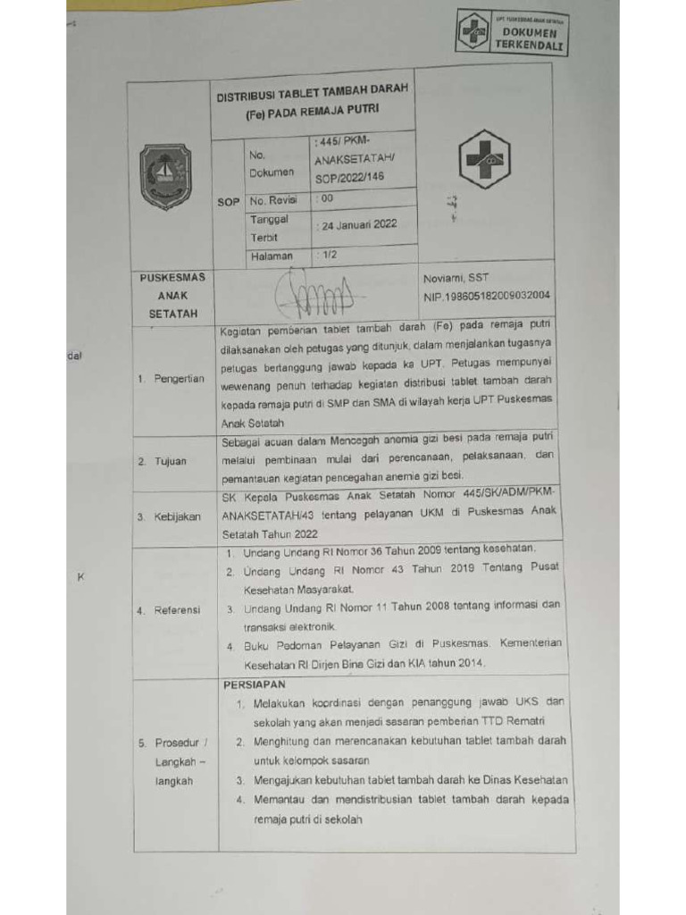 SOP Distribusi Tablet FE Rematri Tahun 2022 | PDF