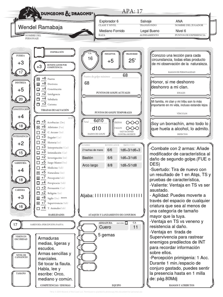Ficha de Personaje: Wendel Ramabaja Explorador Nivel 6 | PDF