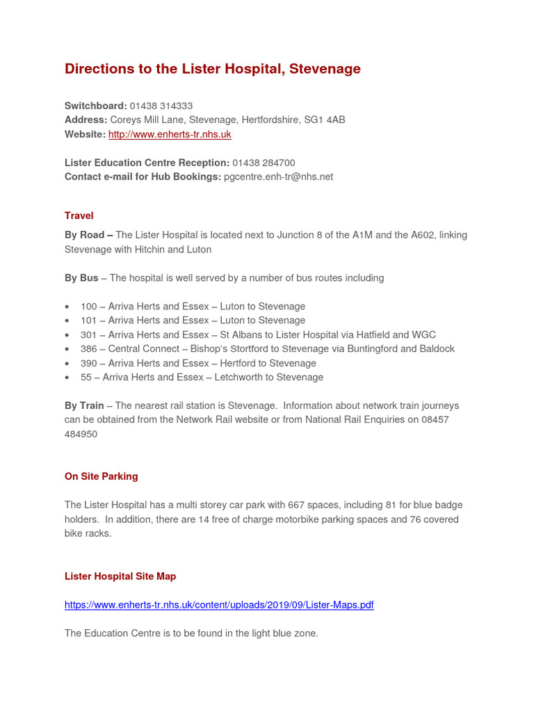 Lister Hospital Directions and Parking Guide | PDF | Travel