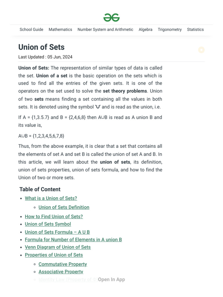 Union of Sets - Formula, Examples & Venn Diagrams For Union of S | PDF ...