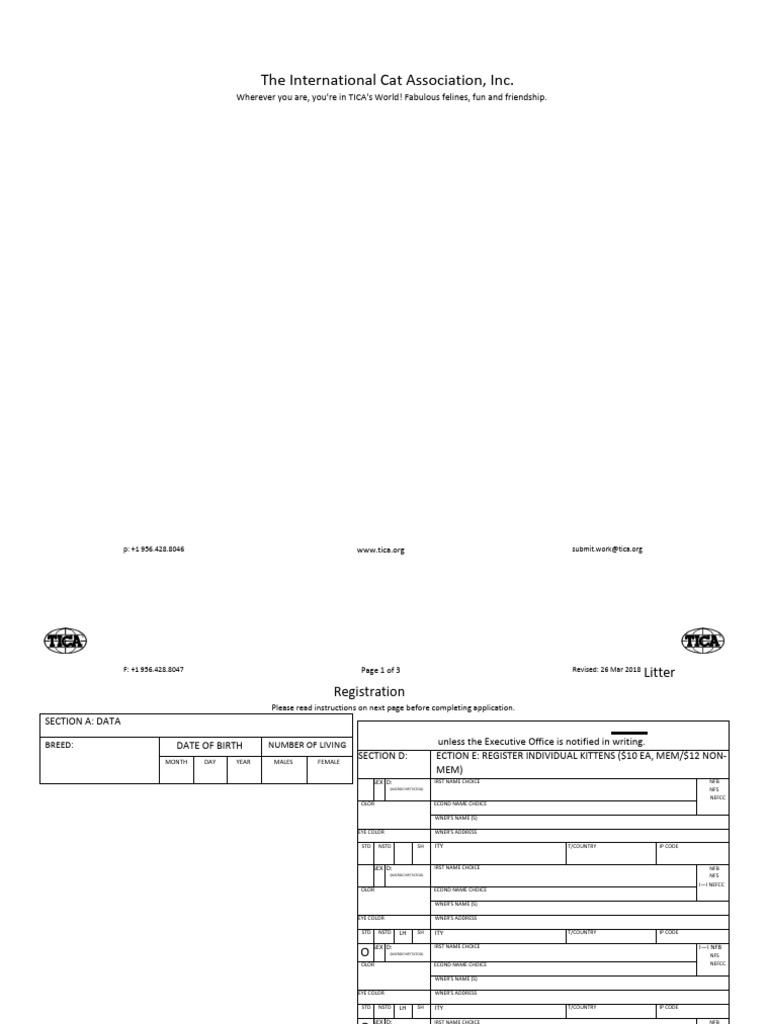 TICA Cat Registration Form | PDF | Mammal Breeds | Cat Types