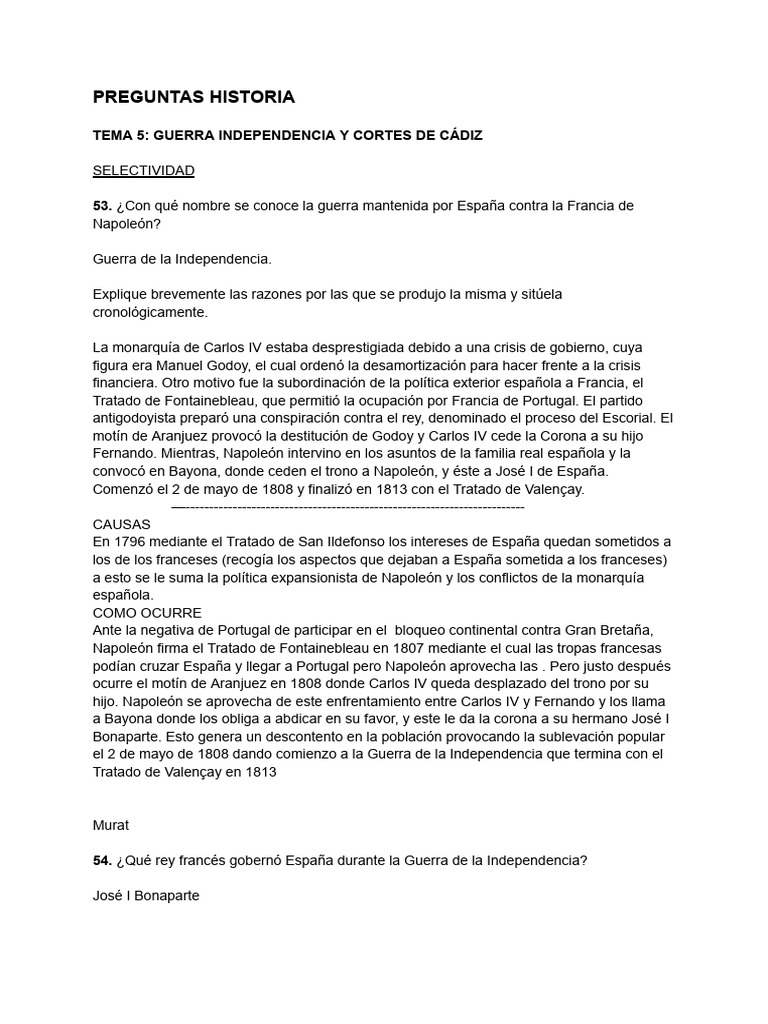 Preguntas Historia (TEMA 5) | PDF | Guerra peninsular | España