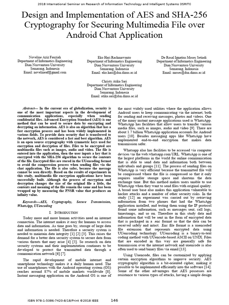 Design and Implementation of AES and SHA-256 Cryptography For Securing Multimedia File Over ...