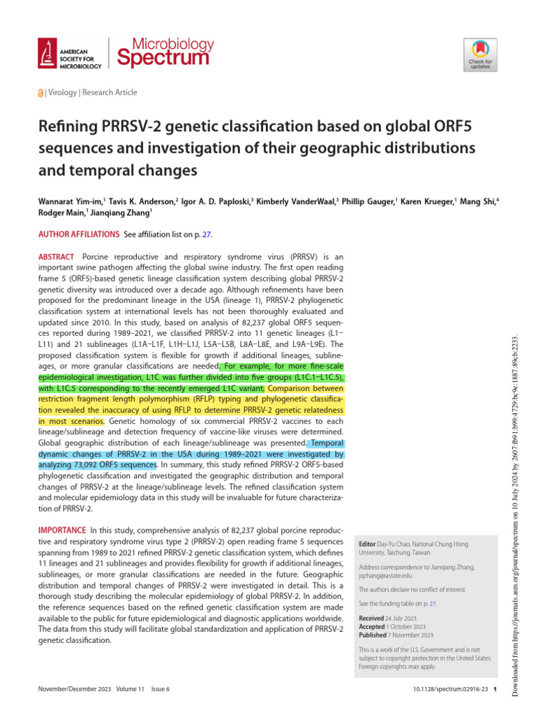 Yim Im Et Al 2023 Refining PRRSV 2 Genetic Classification Based On ...