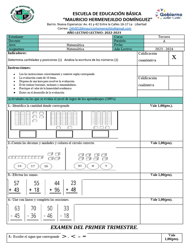 Examen Trimestral Matemática | PDF