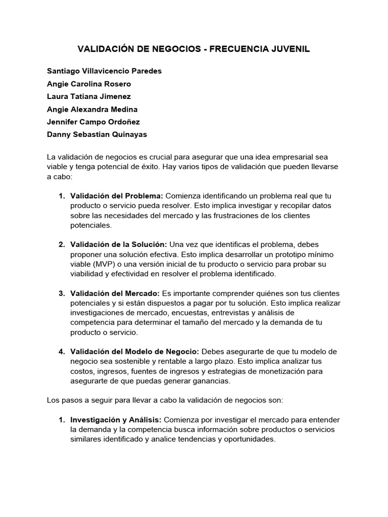 Validación de Negocios | PDF | Mercado (economía) | Iniciativa empresarial