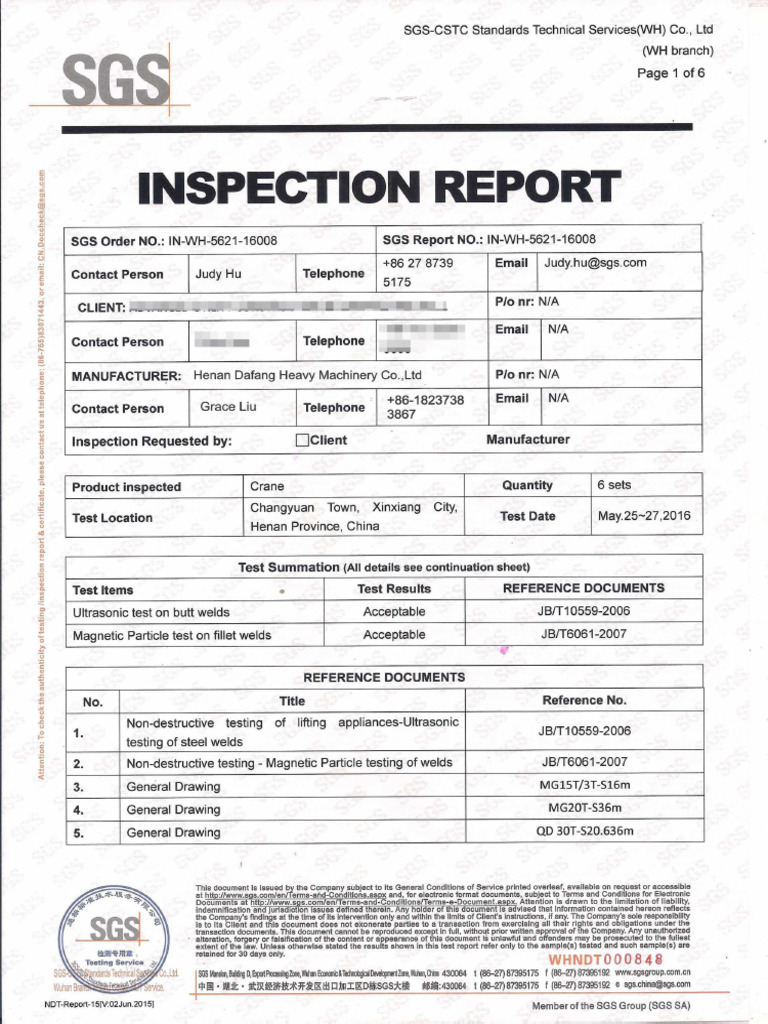 Sgs Third Party Test Report About Dafang Crane | PDF