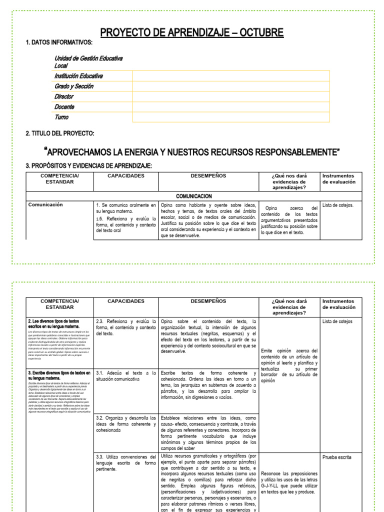PROYECTO DE APRENDIZAJE 5° - Ejemplo | PDF | Evaluación | Números