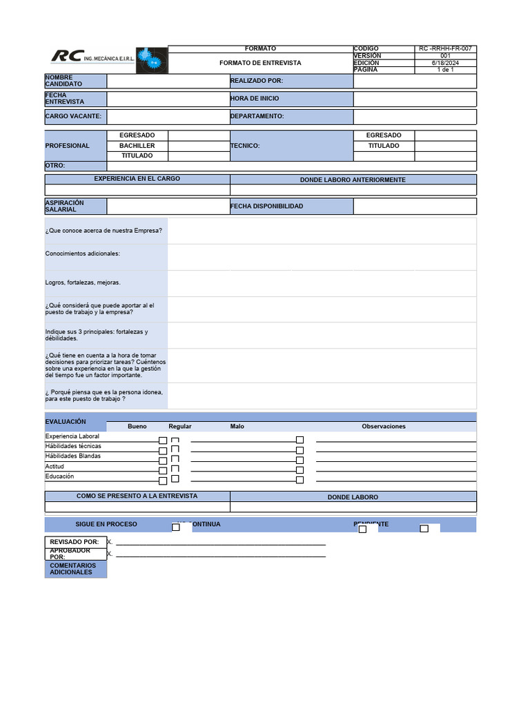 Rc-Rrhh-Fr-007-Formato de Entrevista. | PDF