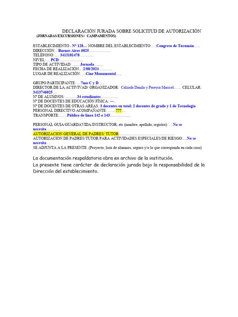 DECL. JURADA SOLICITUD DE AUTORIZAC Campamentos y Jornadas VACIA (1) - 1-1 | PDF