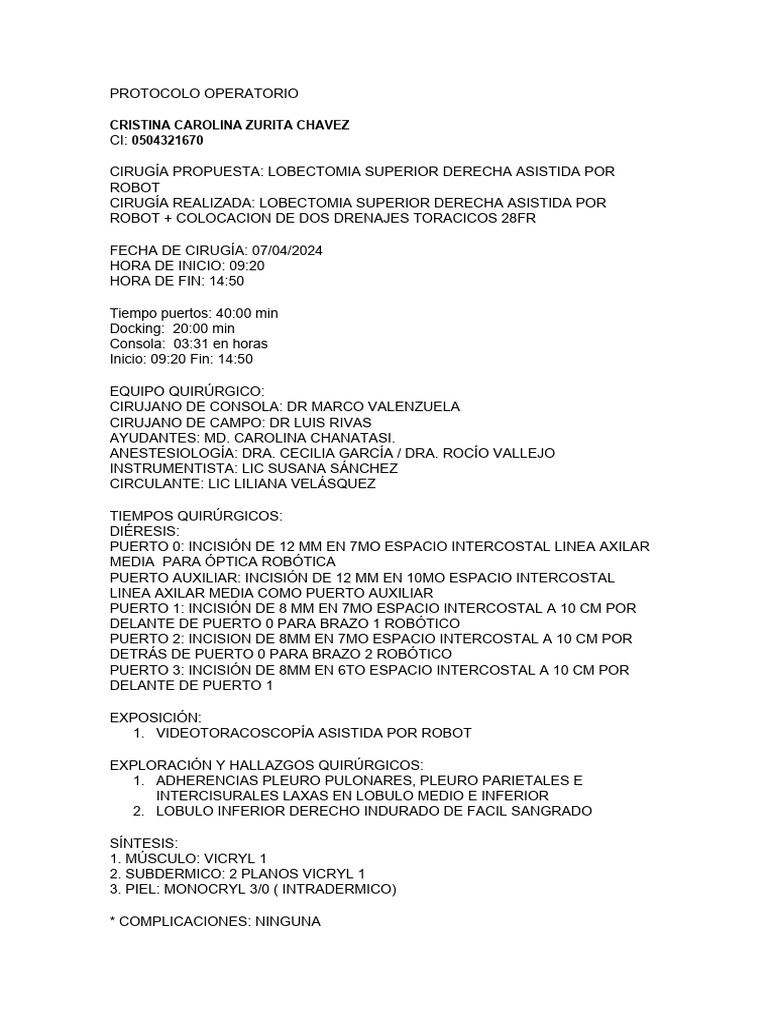 Protocolo Operatorio Zurita | PDF | Pulmón | Cirugía
