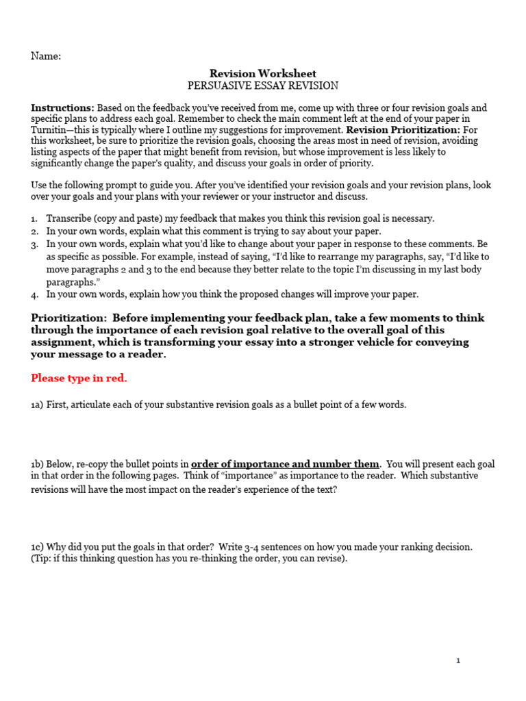 Persuasive Essay Revision Goals Worksheet | PDF | Goal | Essays
