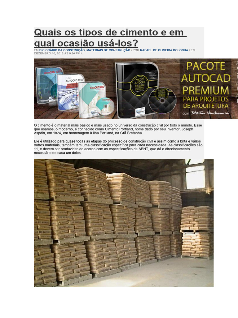 Quais Os Tipos De Cimento E Em Qual Ocasião Usá Pdf Cimento Concreto