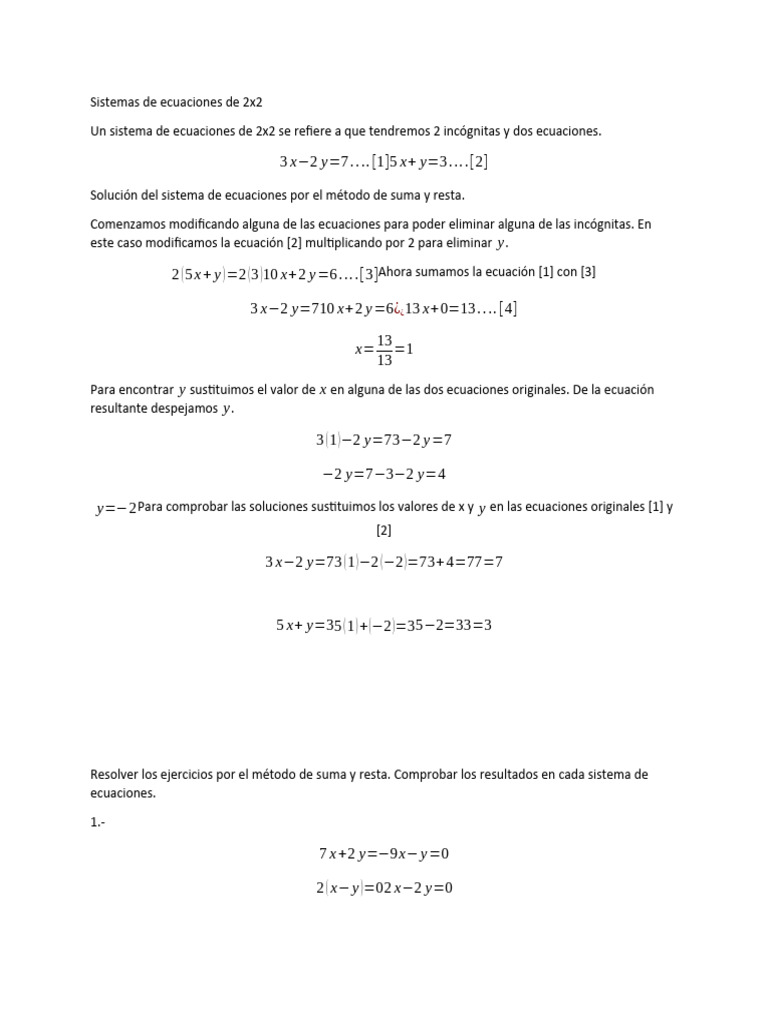 Sistemas De Ecuaciones De 2x2 Suma Y Resta Descargar Gratis Pdf 7594