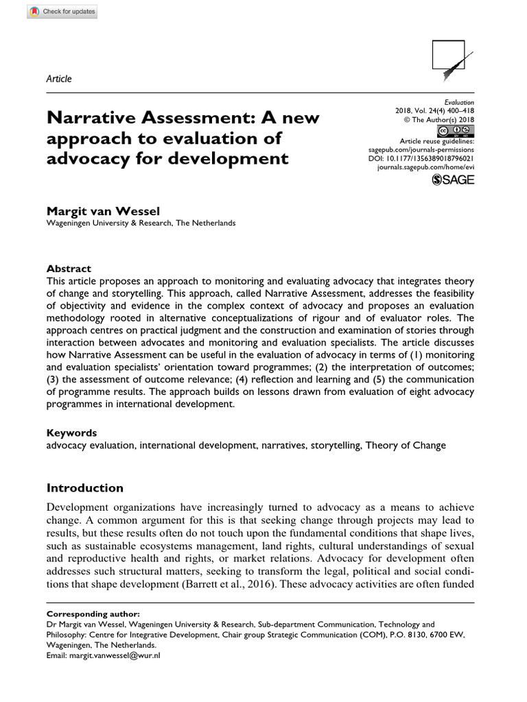 2018 - Wessel - Narrative Assessment-A New Approach To Evaluation of Advocacy For Development ...