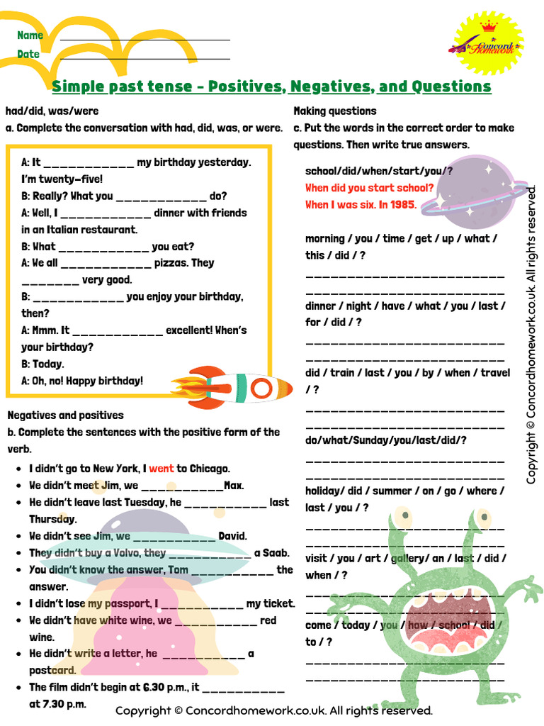 Simple Past Tense Positives Negatives and Questions ESL Worksheet | PDF