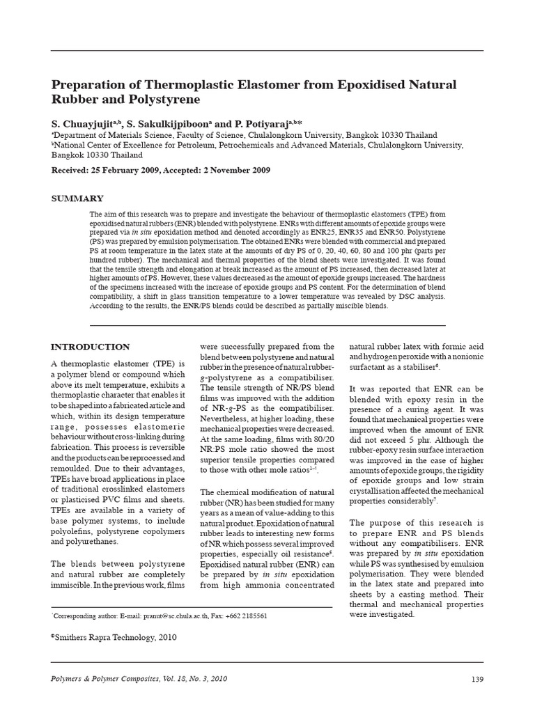 Chuayjujit Et Al 2010 Preparation of Thermoplastic Elastomer From Epoxidised Natural Rubber and ...