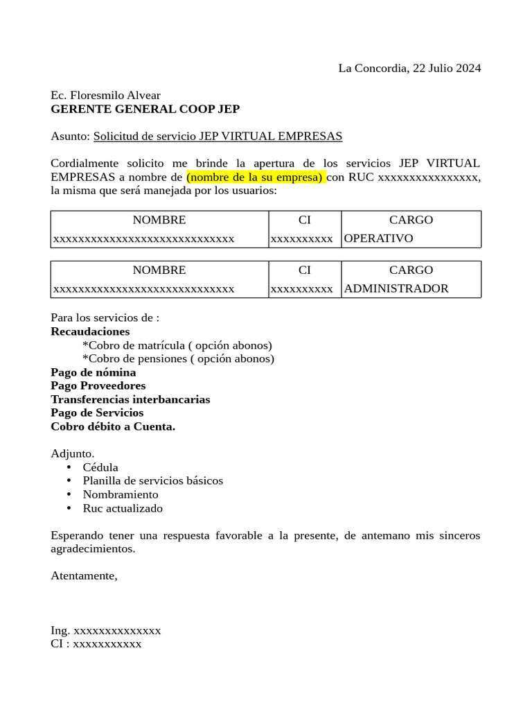 Carta Solicitud Jep Empresas 2024 | PDF