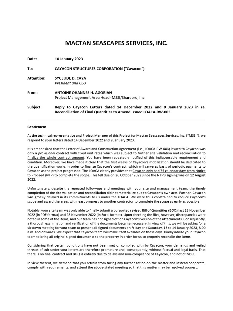 MSSI Response to Cayacon Contract Issues | PDF | Private Law | Justice