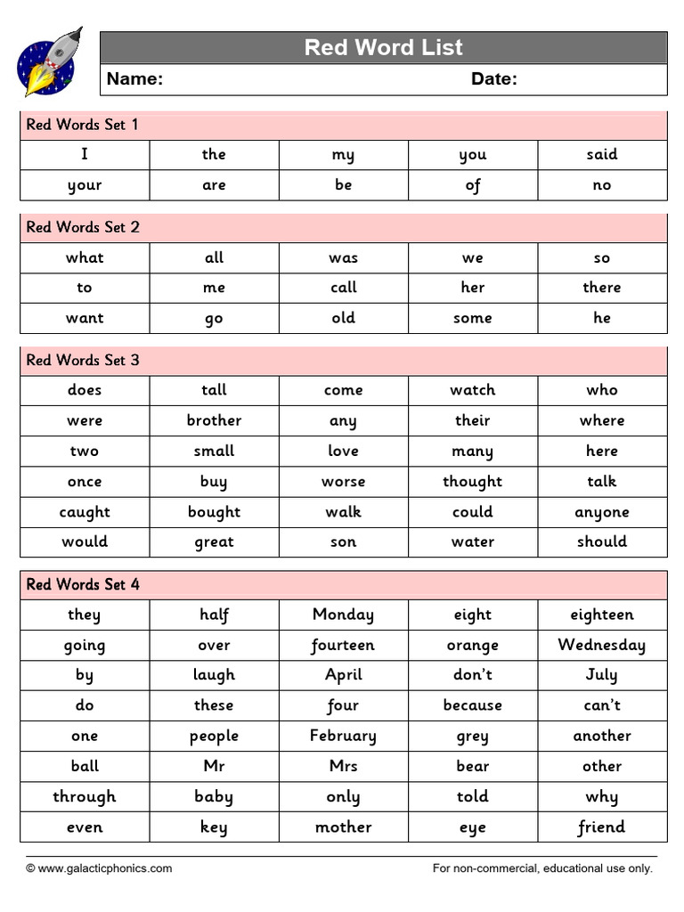 Red Words Vocabulary List | PDF