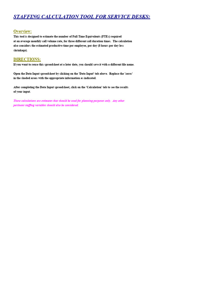 Staffing Calculation Tool For Service Desks | PDF | Spreadsheet ...