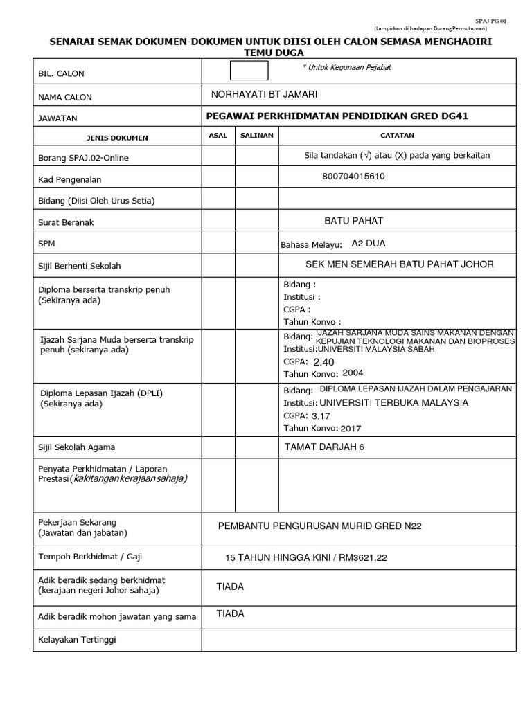 Senarai Semak Pegawai Perkhidmatan Pendidikan DG41-1 | PDF
