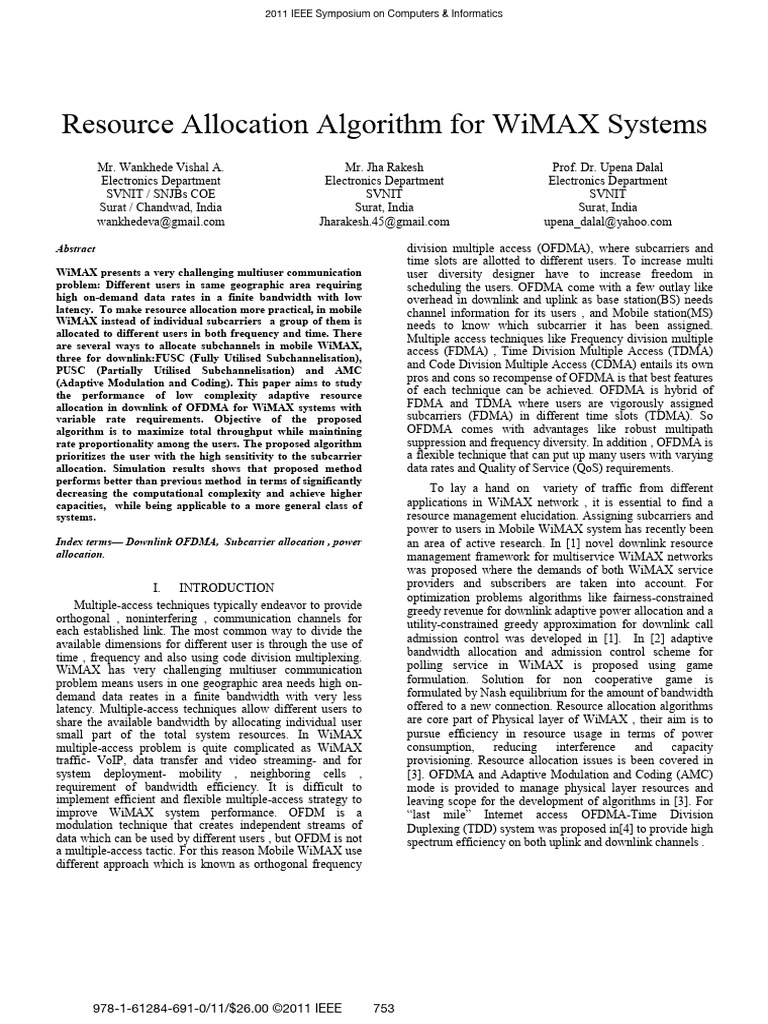 Resource Allocation Algorithm For WiMAX Systems | PDF | Channel Access Method | Wi Max