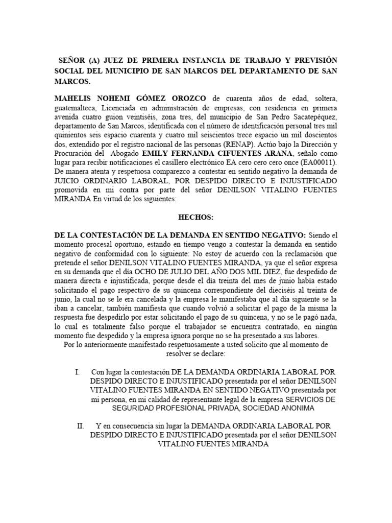 Contestación Negativa a Demanda Laboral | PDF | Demanda judicial | Ley ...