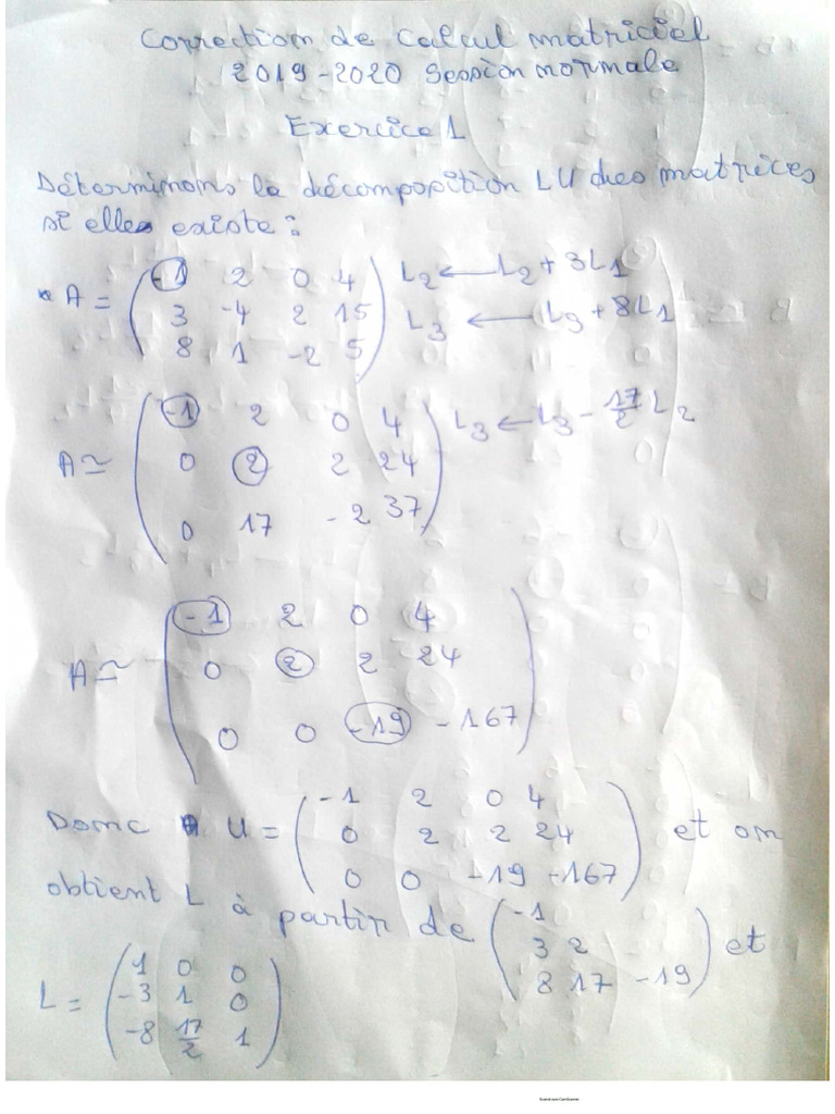 Corrigé Calcul Matriciel IFRI-L1 2019-2020 | PDF