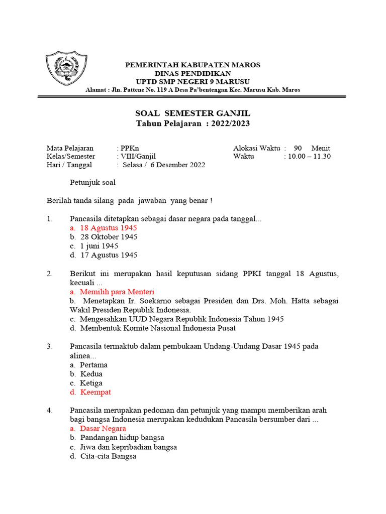 Soal PPKn Kelas VIII Semester Ganjil | PDF | Politik | Ilmu Sosial