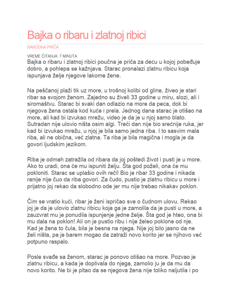 Bajka o Ribaru I Zlatnoj Ribici | PDF