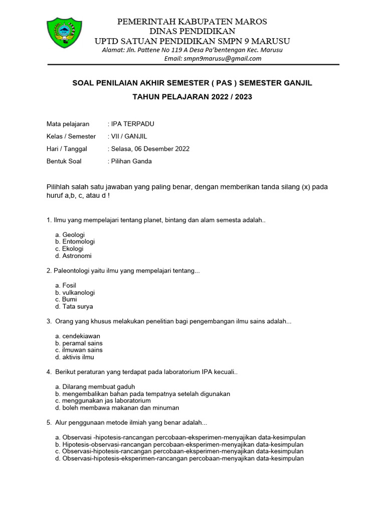 Soal Penilaian Tengah Semester Ganjil 2022-2023 | PDF